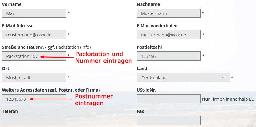 Eingabe von Packstation und Postnummer Eingabe von Packstation und Postnummer